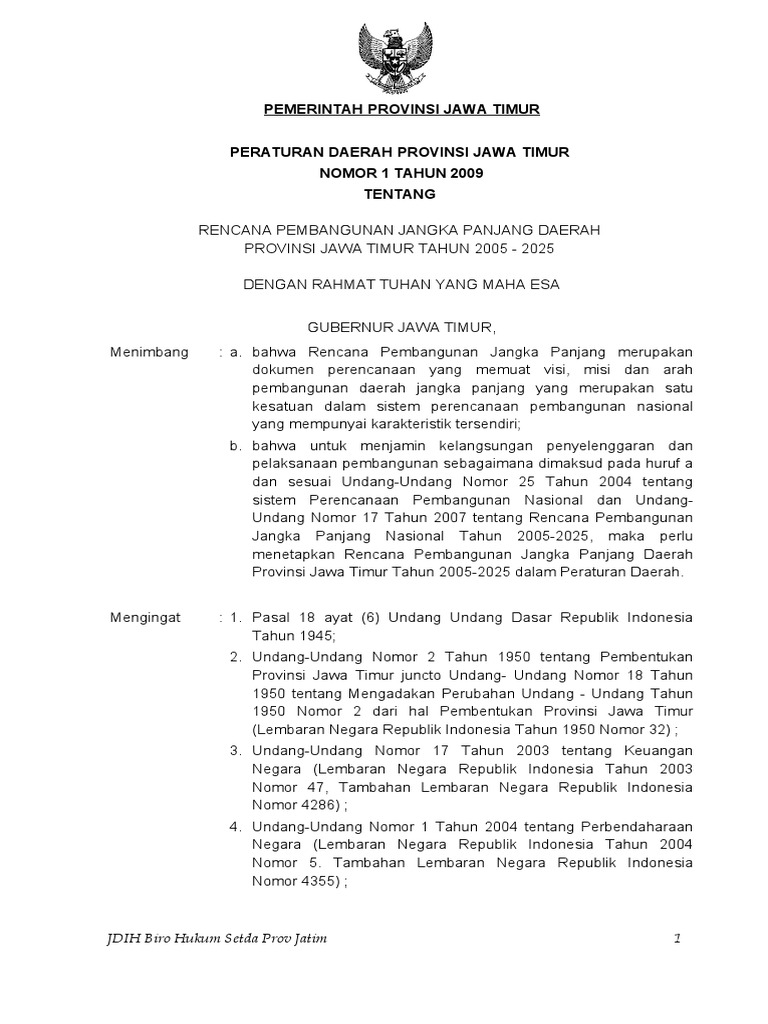 Perda - Nomor 1 .Tahun 2009 .Tentang Rencana Pembangunan Jangka Panjang Daerah Provinsi Jawa ...
