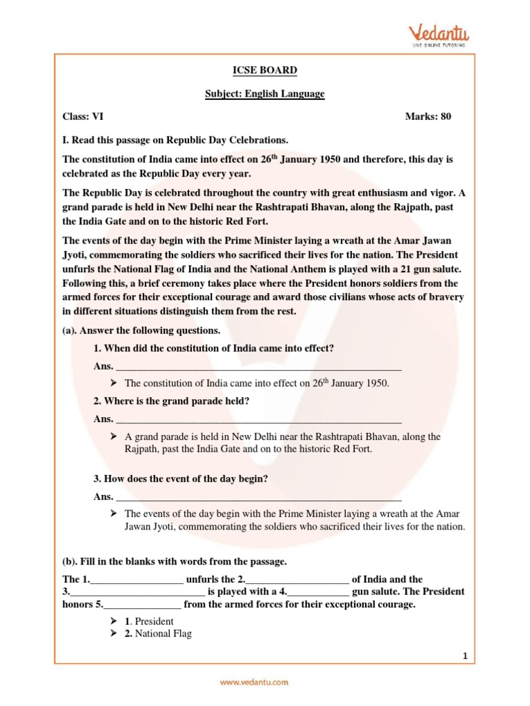 ICSE Sample Papers For Class 6 English Paper 1 (2022-2023) | PDF ...