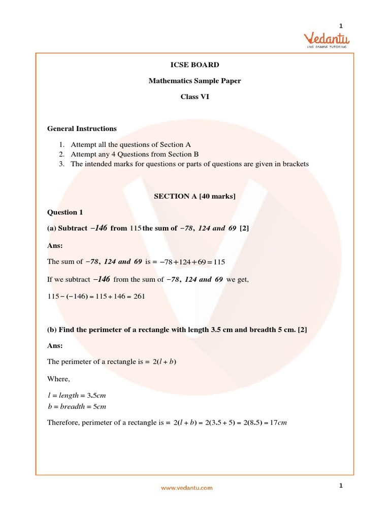 Class 6 ICSE Maths Sample Paper | PDF | Triangle | Angle