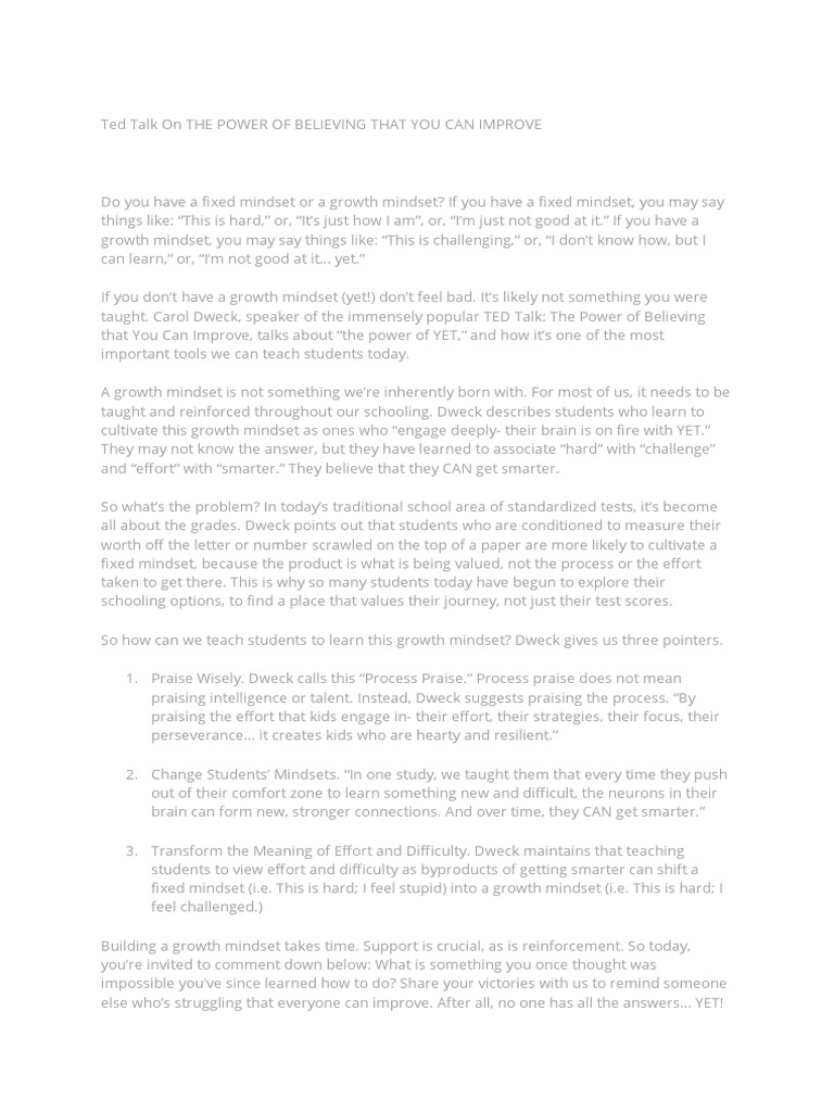 Ted Talk On THE POWER OF BELIEVING THAT YOU CAN IMPROVE | PDF | Mindset ...