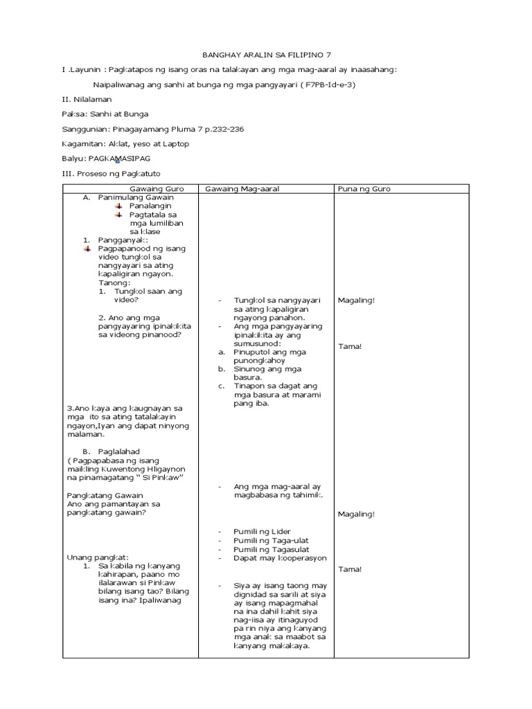 Banghay Aralin Sa Filipino 7 | PDF
