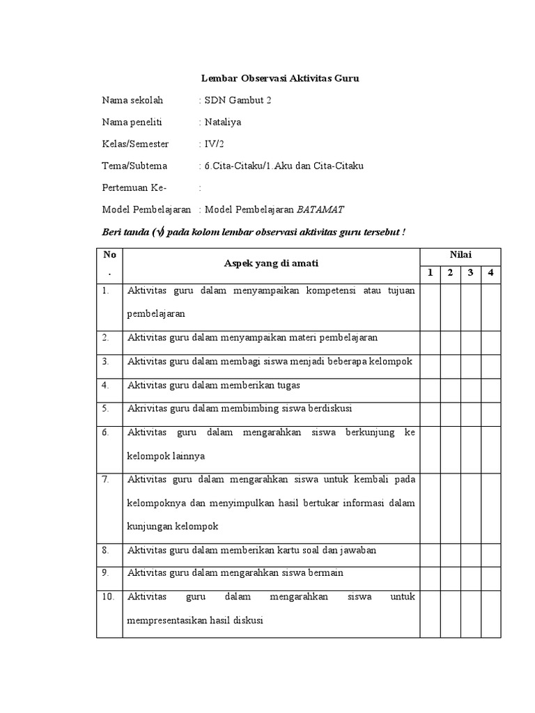 Lembar Observasi Aktivitas Guru | PDF