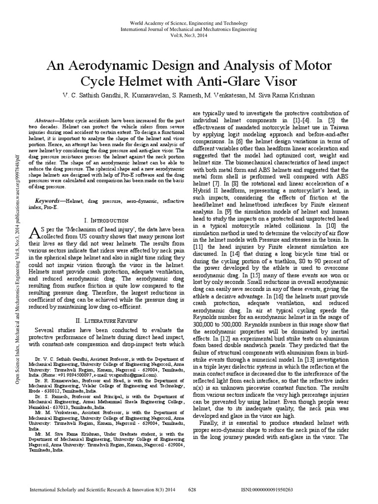 An Aerodynamic Design and Analysis of Motor Cycle Helmet With Anti ...