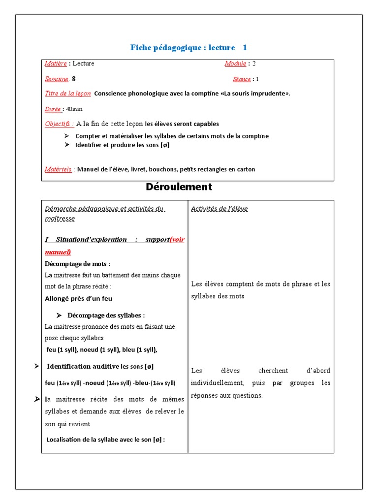 Fiche Pédagogique : Lecture Syllabique | PDF | Pédagogie | Syllabe