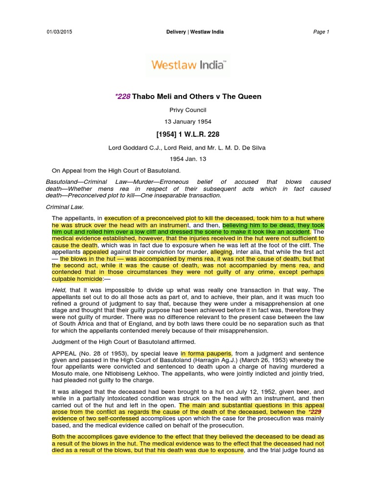 Thabo Meli Case: Murder Appeal Summary | PDF | Mens Rea | Judgment (Law)