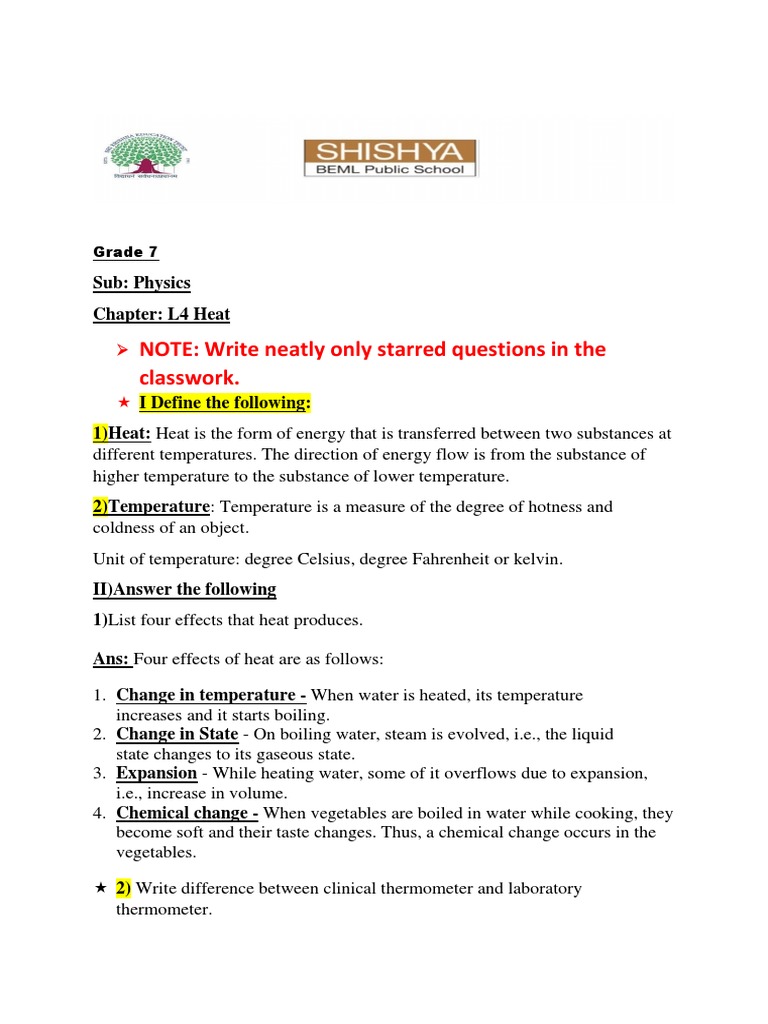 Grade VII-Physics - L 1 Heat Notes | PDF | Temperature | Thermometer