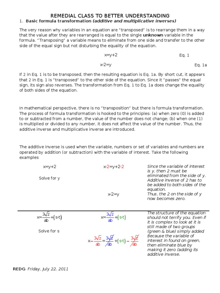 REMEDIAL SESSION - Formula Transformation | Download Free PDF ...