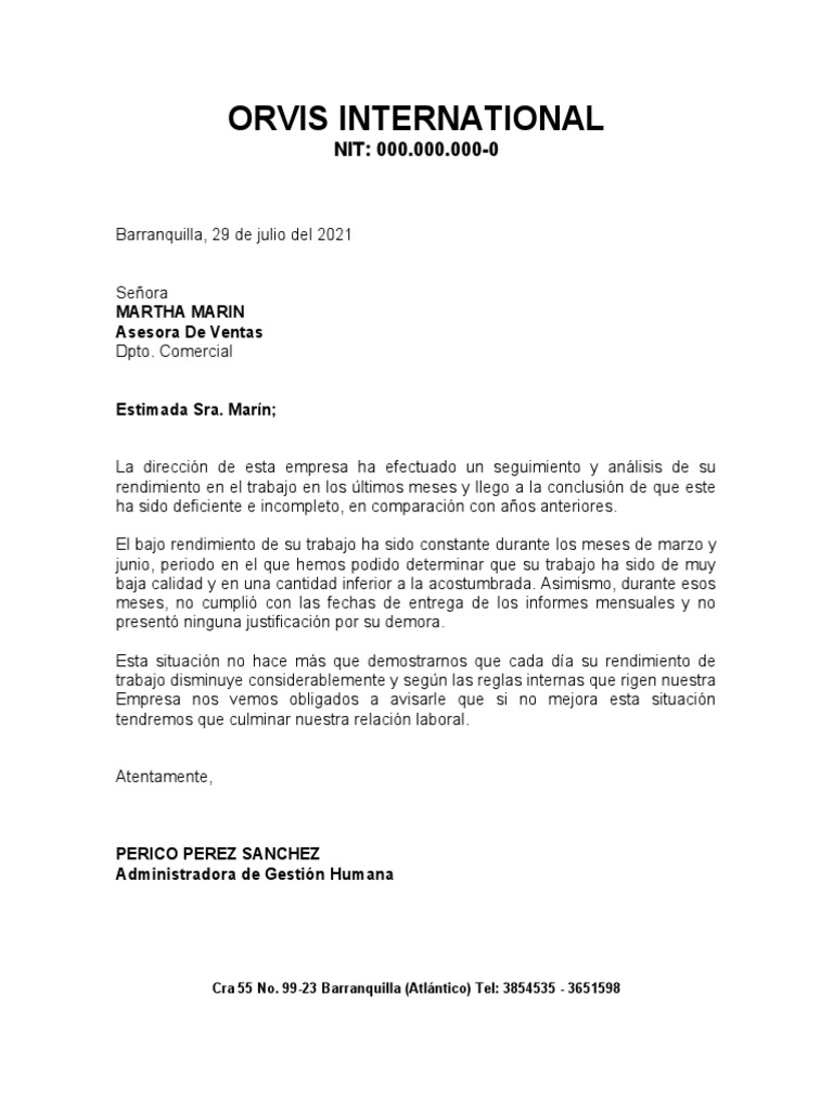 Ejemplo Carta Llamado de Atencion | PDF