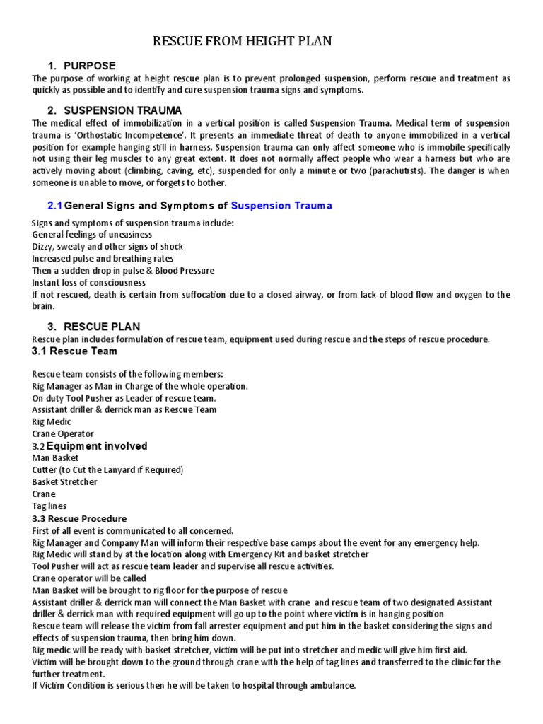 Working at Height Rescue Plan | PDF | Causes Of Death | Medicine