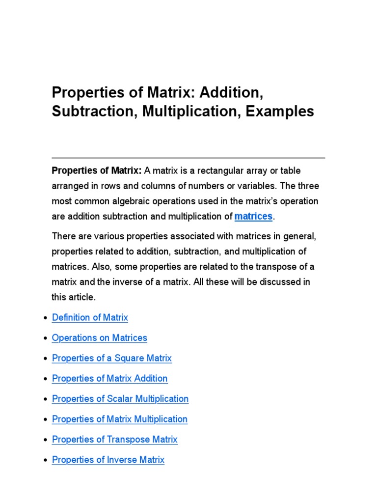 Properties Of Matrix Addition Subtraction Multiplication Examples 1