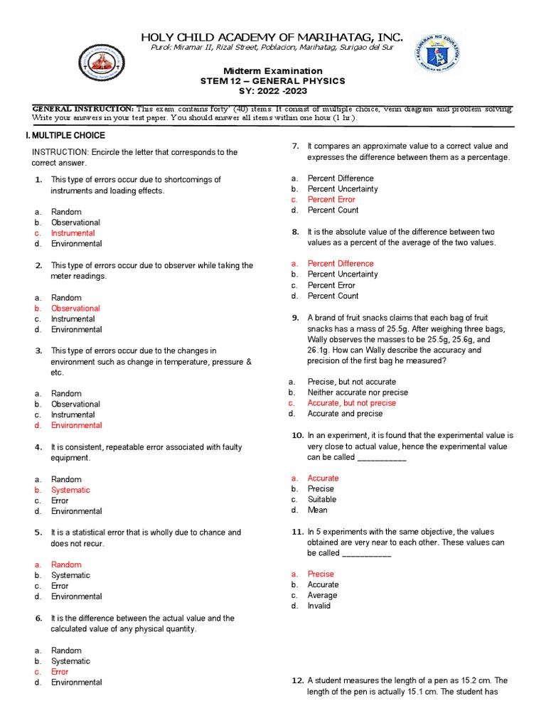 Midterm Exam on Accuracy and Precision | PDF | Accuracy And Precision ...
