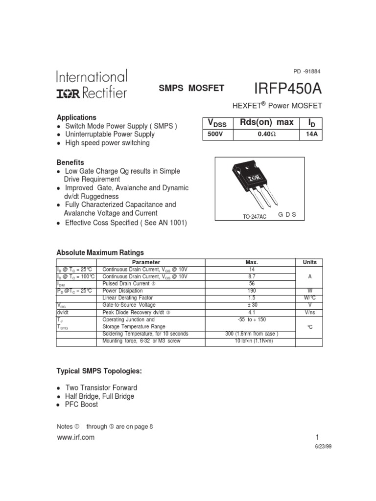 Irfp 450 A | PDF | Field Effect Transistor | Electronics