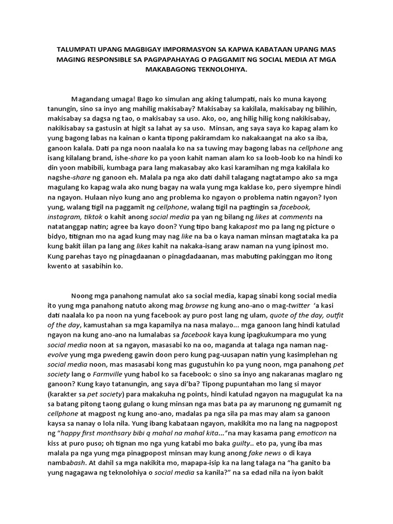 Talumpati Upang Magbigay Impormasyon Sa Kapwa Kabataan Upang Mas Maging Responsible Sa ...