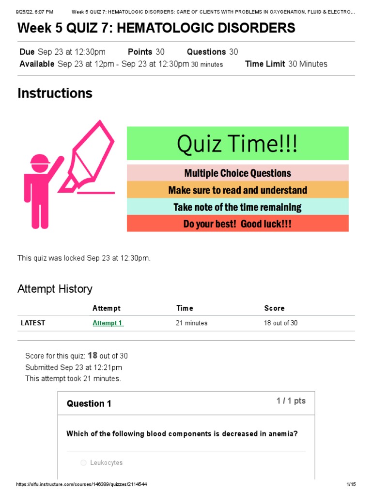 Week 5 Quiz 7: Hematologic Disorders: Attempt History | PDF | Vitamin ...