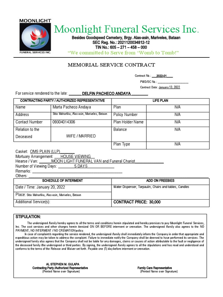 Funeral Contract | PDF | Funeral | Burial