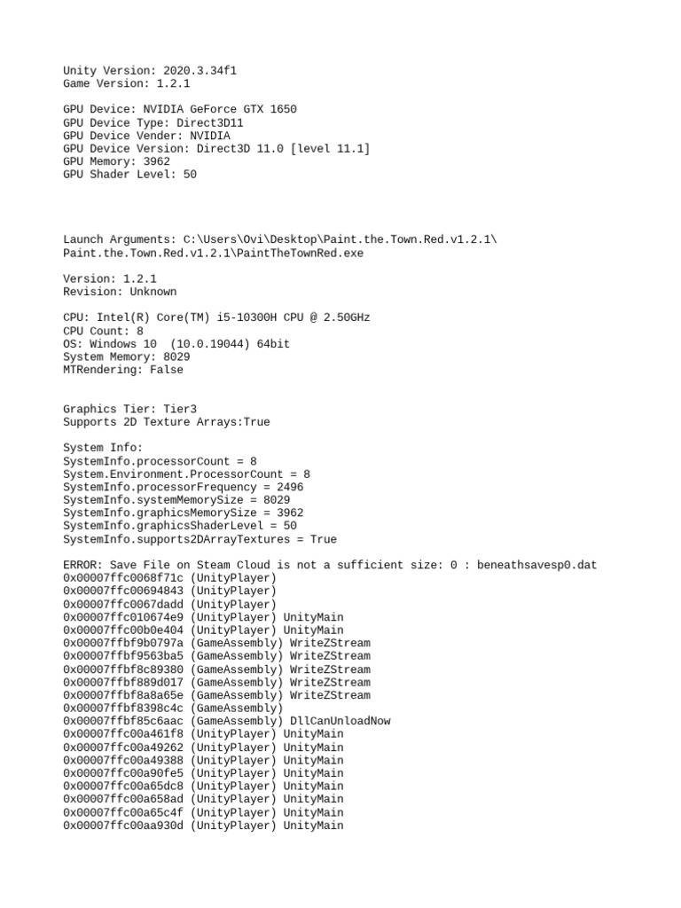Analysis of System Specifications and Error Logs for Paint the Town Red Game Version 1.2.1 | PDF ...