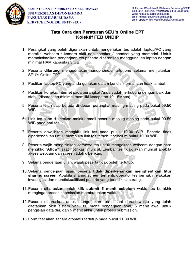 Tata Cara Dan Peraturan SEU's Online EPT Kolektif FEB UNDIP | PDF ...