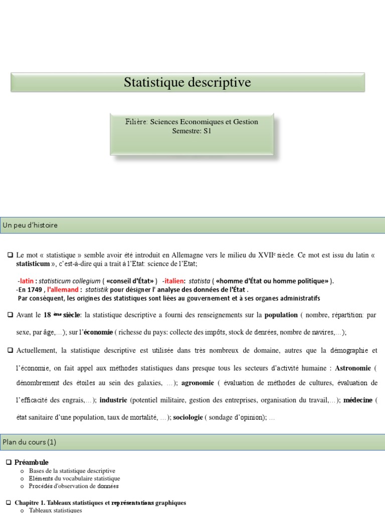 Cours - Statistique Descriptive - S10 | PDF | Statistiques | Sondage (statistique)