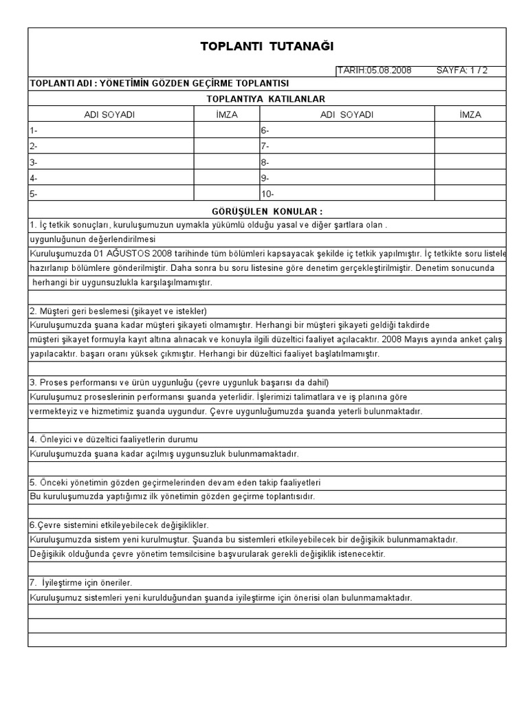 Yonetimin Gozden Gecirme Toplantisi Tutanagi | PDF