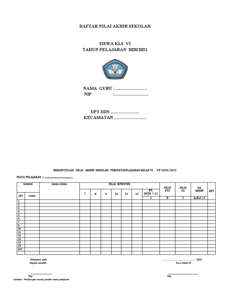 Blangko Nilai Akhir Kelas Vi | PDF