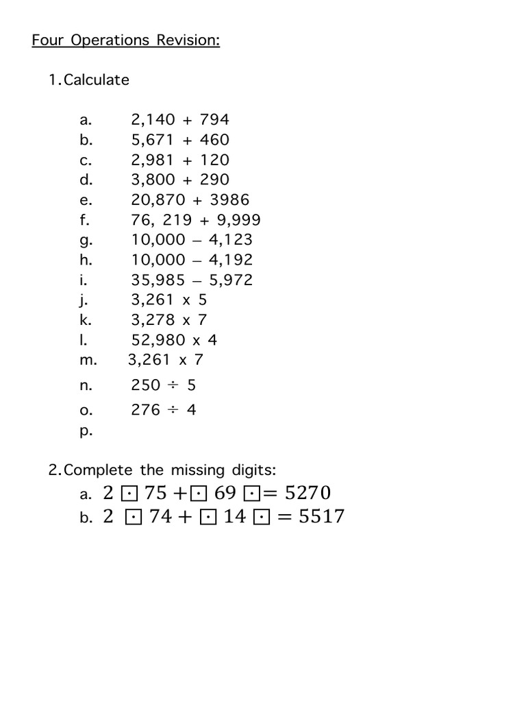 Four Operations Revision | PDF