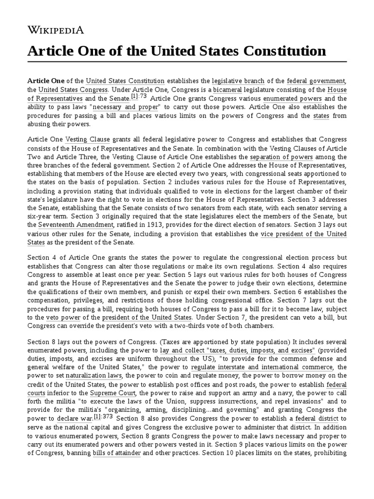 Article One of The United States Constitution | PDF | Article One Of ...