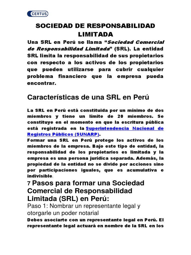 Características de Una SRL en Perú: Sociedad de Responsabilidad Limitada | PDF | Business