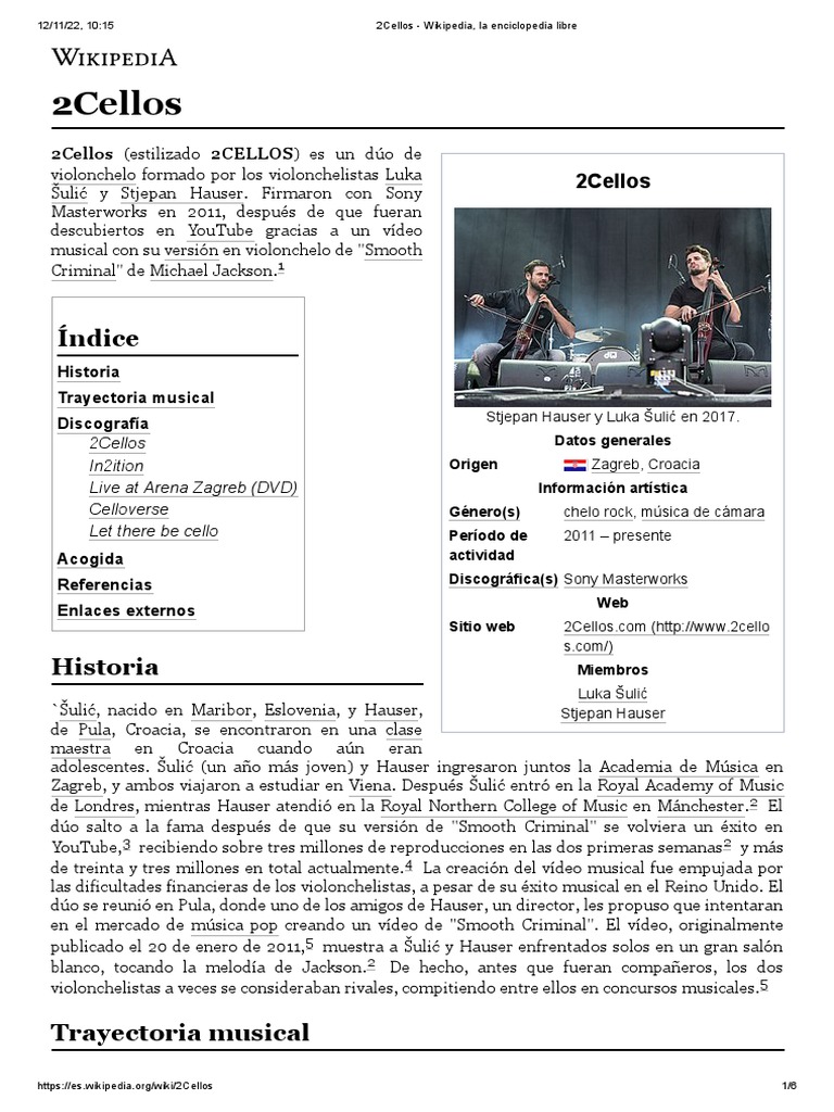 2cellos - Wikipedia, La Enciclopedia Libre | PDF | Músicos | Grupos musicales