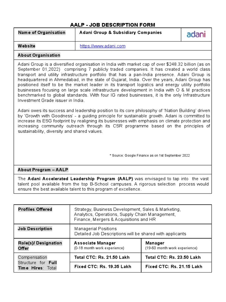 Adani Group - Job Description | PDF | Infrastructure | Business