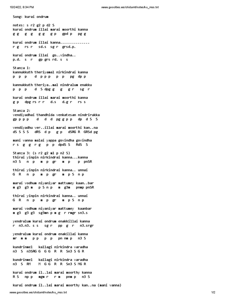 Kurai Ondrum Illai Notations | PDF