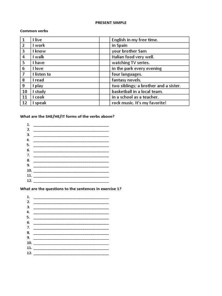 Session 1 Common Verbs - Affirmative and Questions | PDF | English ...