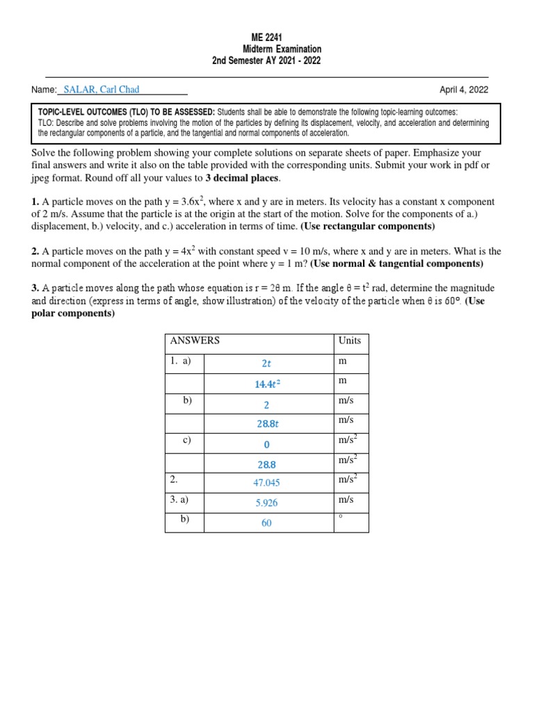 SALAR ME 2241 MT Exam | Download Free PDF | Acceleration | Velocity