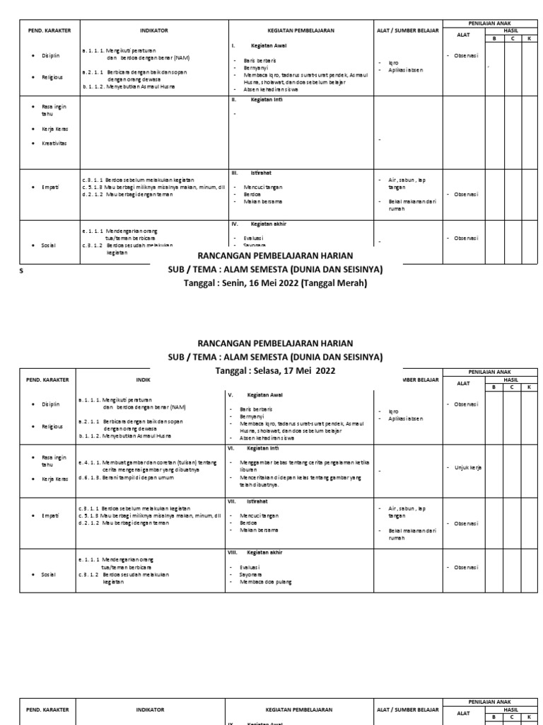 RPPH - 16-20 Mei 2022 - RPPM - Minggu Ke-15 - Alam Semesta - Smt2 | PDF