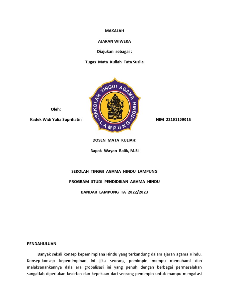 Ajaran Wiweka dalam Tata Susila Hindu | PDF
