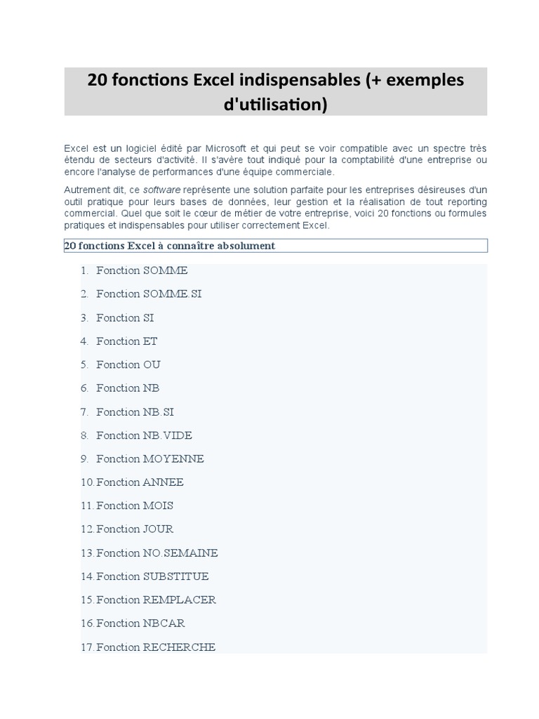 20 fonctions Excel indispensables | PDF | Microsoft Excel | Somme ...