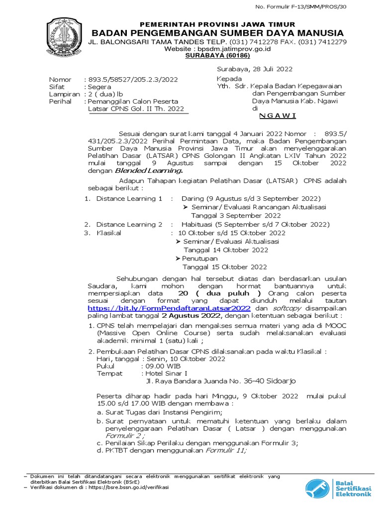 Pemanggilan Peserta Latsar CPNS 2022 | PDF