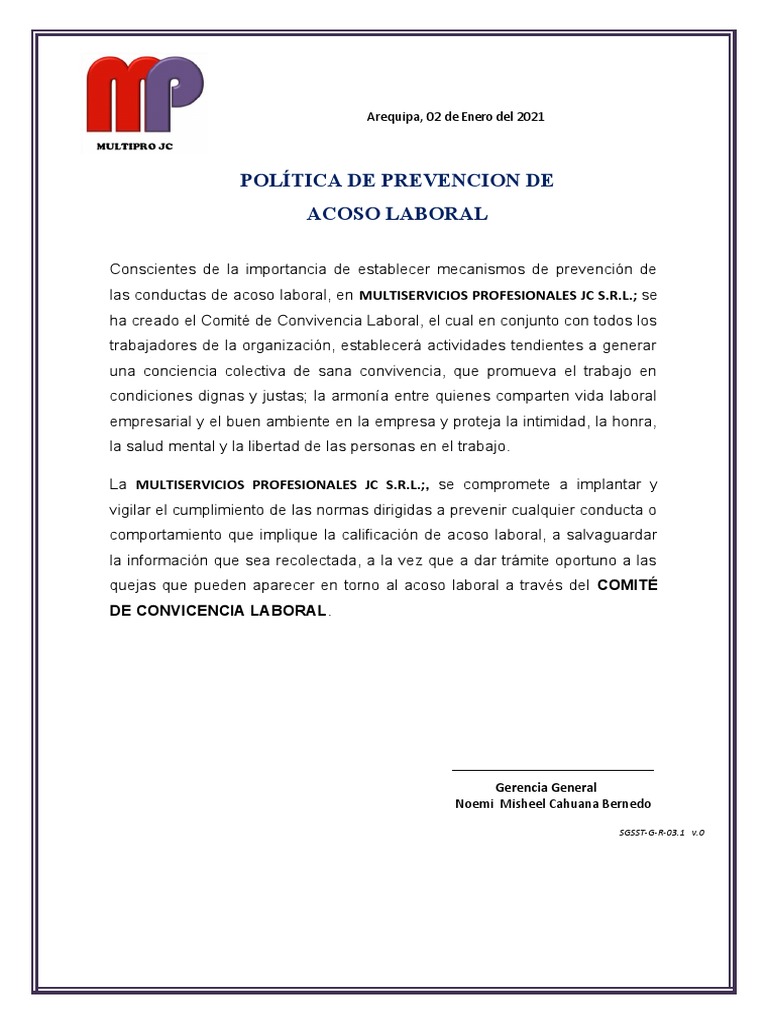 Política De Prevencion De Acoso Laboral Pdf