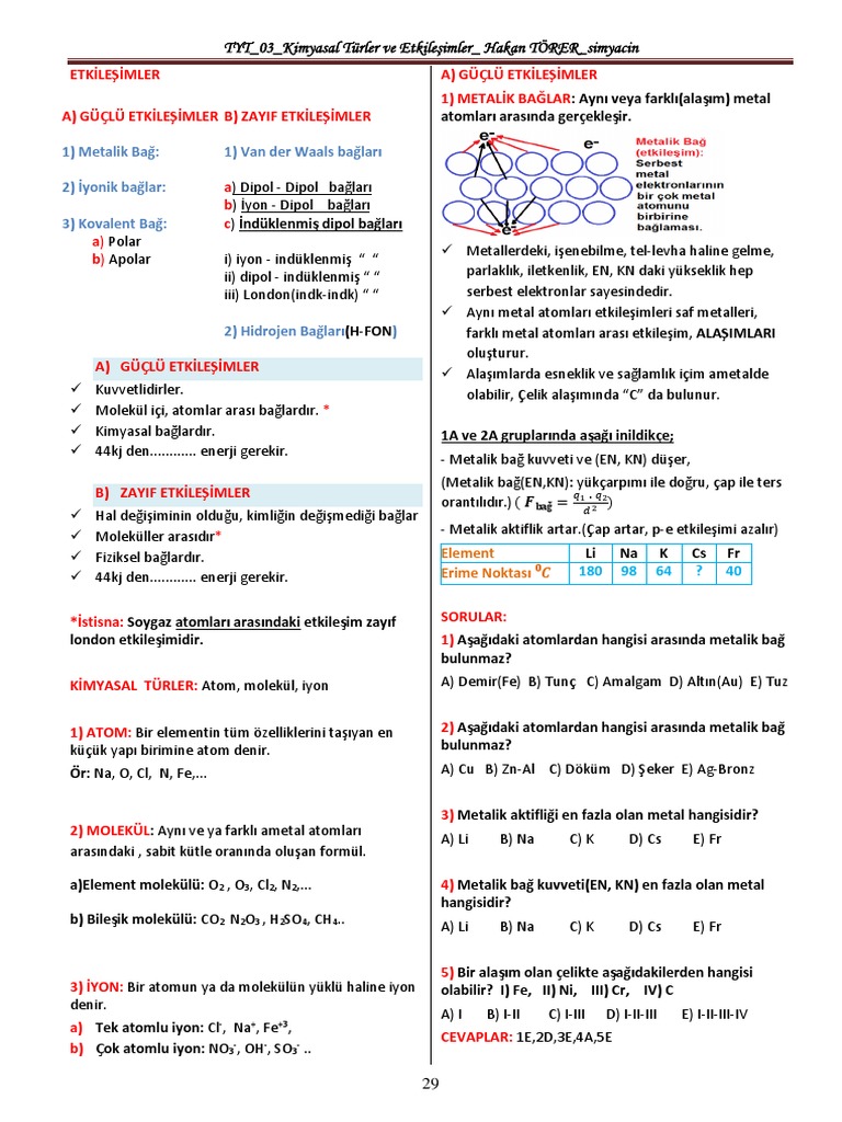 TYT 3 Kimyasal Türler Ve Etkileşimler (2021) | PDF