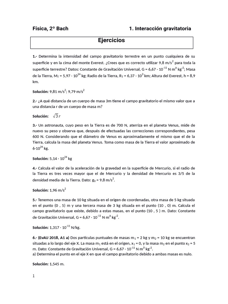 U1 Ejercicios | PDF | Masa | Gravedad