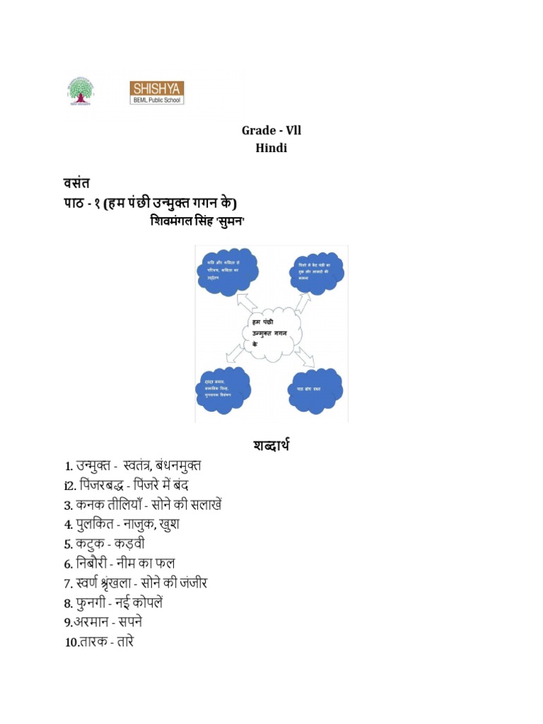 Grade Vll - Hindi - पाठ- १ (हम पंछी उन्मुक्त गगन के) | PDF