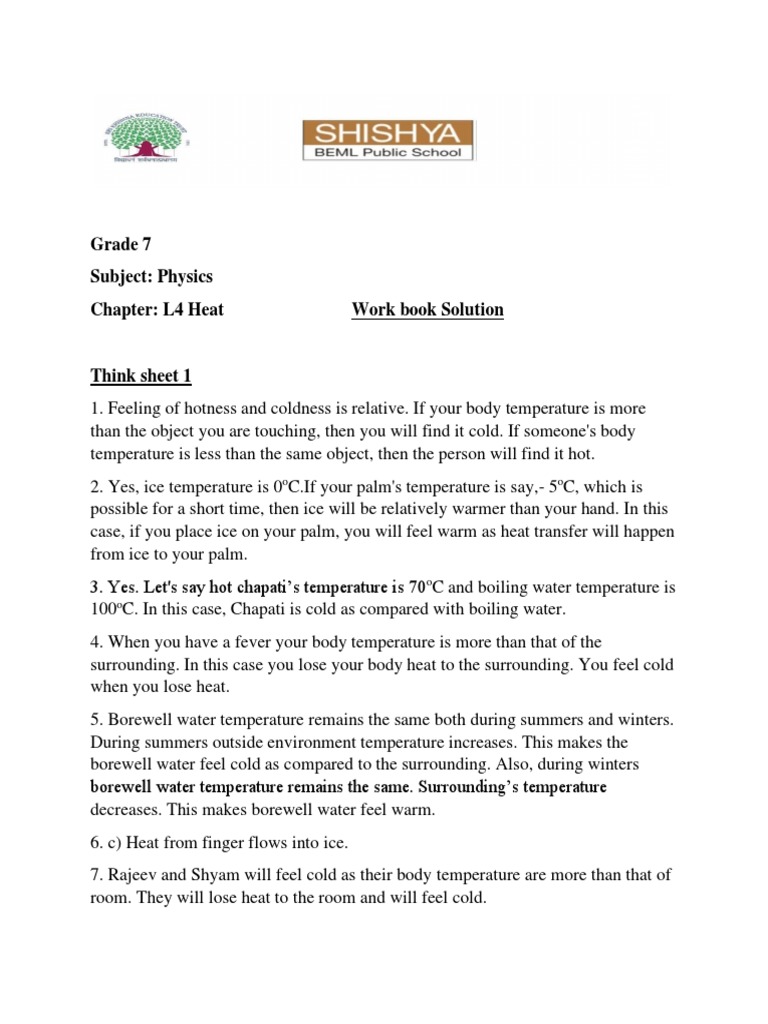 Grade VII-Physics - L4 Heat WB Solution | PDF | Temperature | Heat