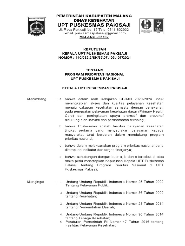 SK Program Prioritas Nasional PKM Pakisaji | PDF