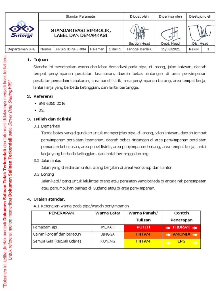 HRS-STD-SHE-004 Standarisasi Simbolik, Label, Dan Demarkasi - Rev.1 | PDF