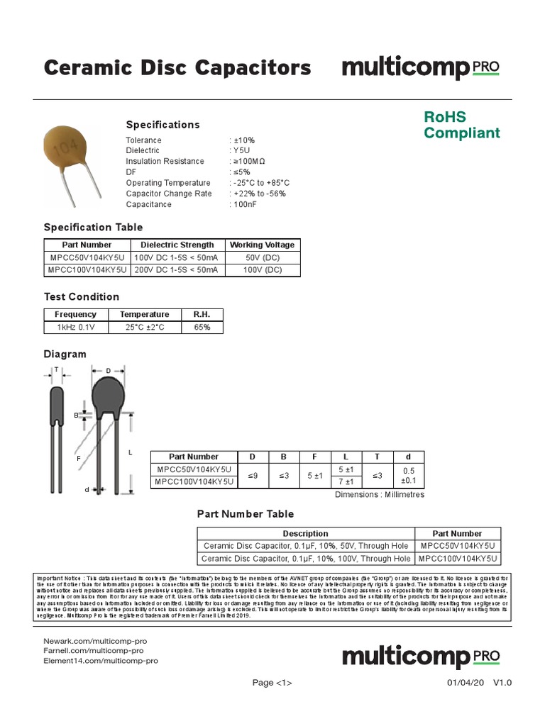 Ceramic Disc Capacitors: Specifications | PDF | Capacitor | Electrical Components