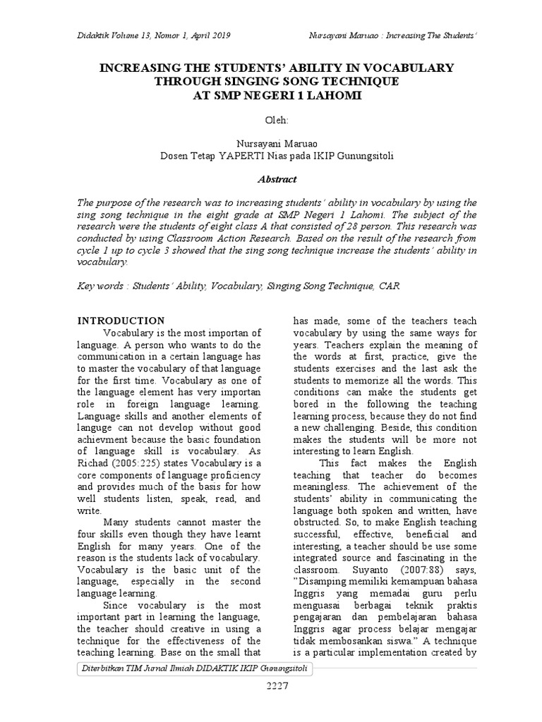 Increasing The Students Ability in Vocabulary Through Singing Song Technique at SMP | PDF ...