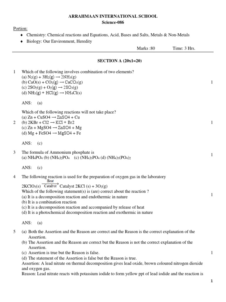C10-SCI-SET A (Che&Bio) - 80 Marks - AnswerKey | PDF | Chemical Reactions | Sodium Hydroxide