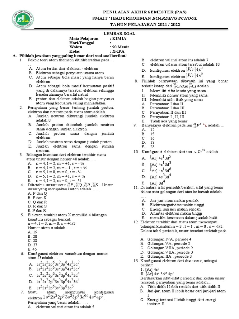 Soal Pas Ganjil Kimia Kelas X 2021-2022 | PDF