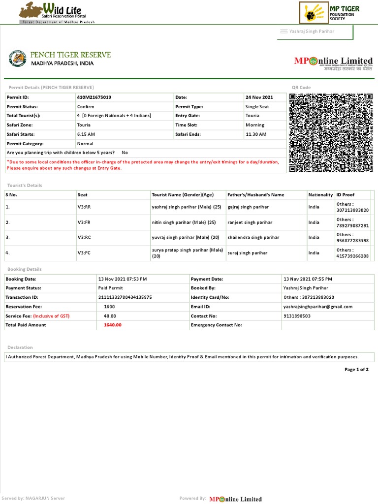 A Detailed Safari Permit for a Morning Tour of the Touria Zone at Pench ...