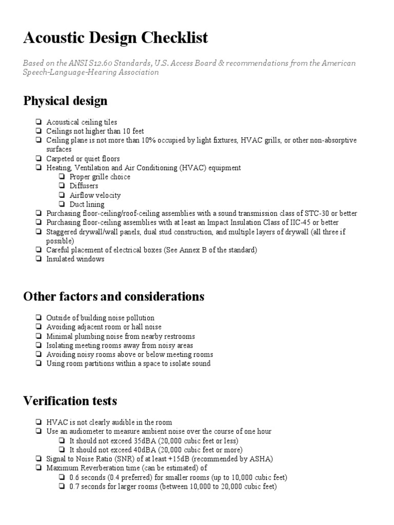 Acoustics Checklist - tcm1063-398556 | PDF