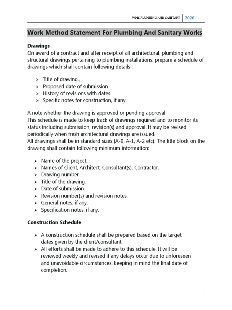 Work Method Statement For Plumbing and Sanitary Worksdocx | PDF ...